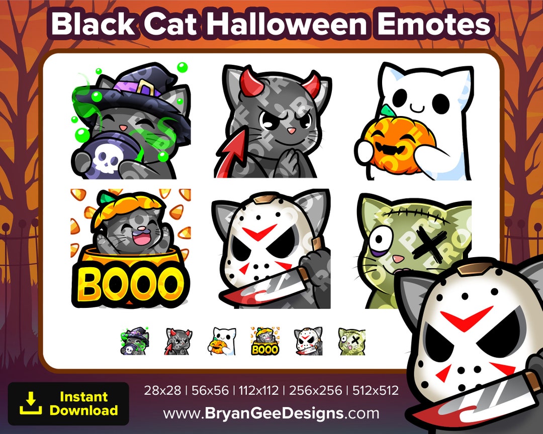 Black Cat Emotes Spooky Sip Devil Ghost Pumpkin Boo Jason Knife Zombie ...