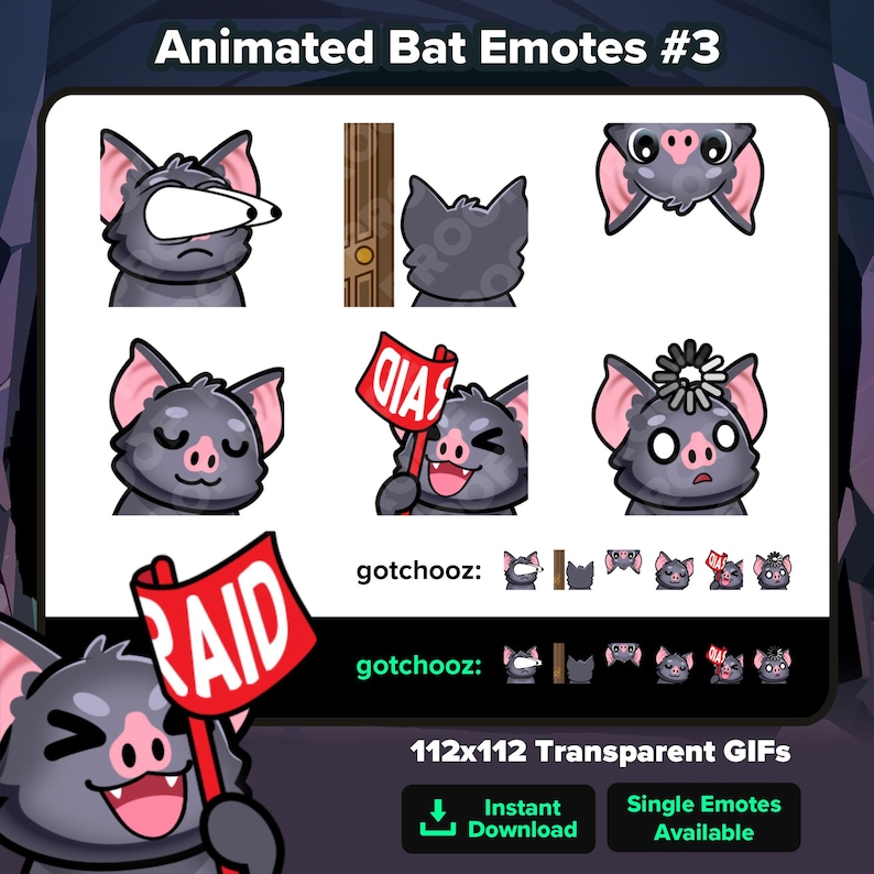 Animated Bat Emotes Pack #3 | Booba, Leave, Lurk, Nodders, Raid ...
