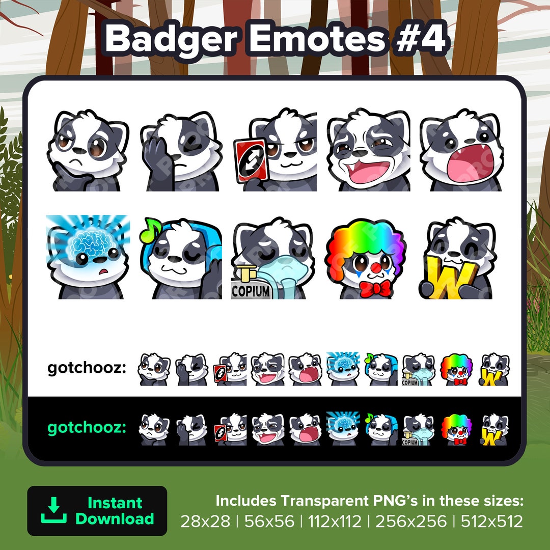 Badger Twitch Emotes Facepalm Thinking NO U KEKW Gasp Big Brain Music ...
