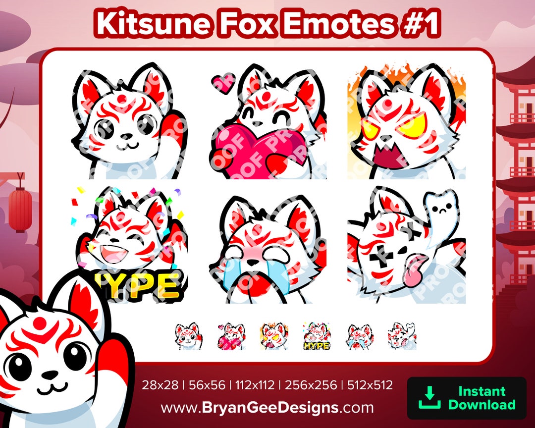 Kitsune Fox Twitch Emotes pour Streaming Wave Love Rage HYPE Sad RIP ...