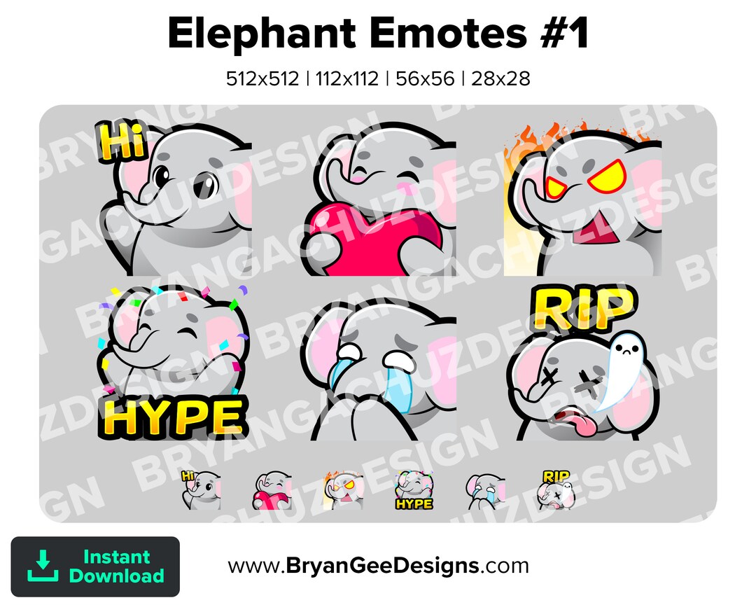 Elephant Twitch Emotes Hi Wave Love Heart Rage Angry Hype Sad Cry RIP ...