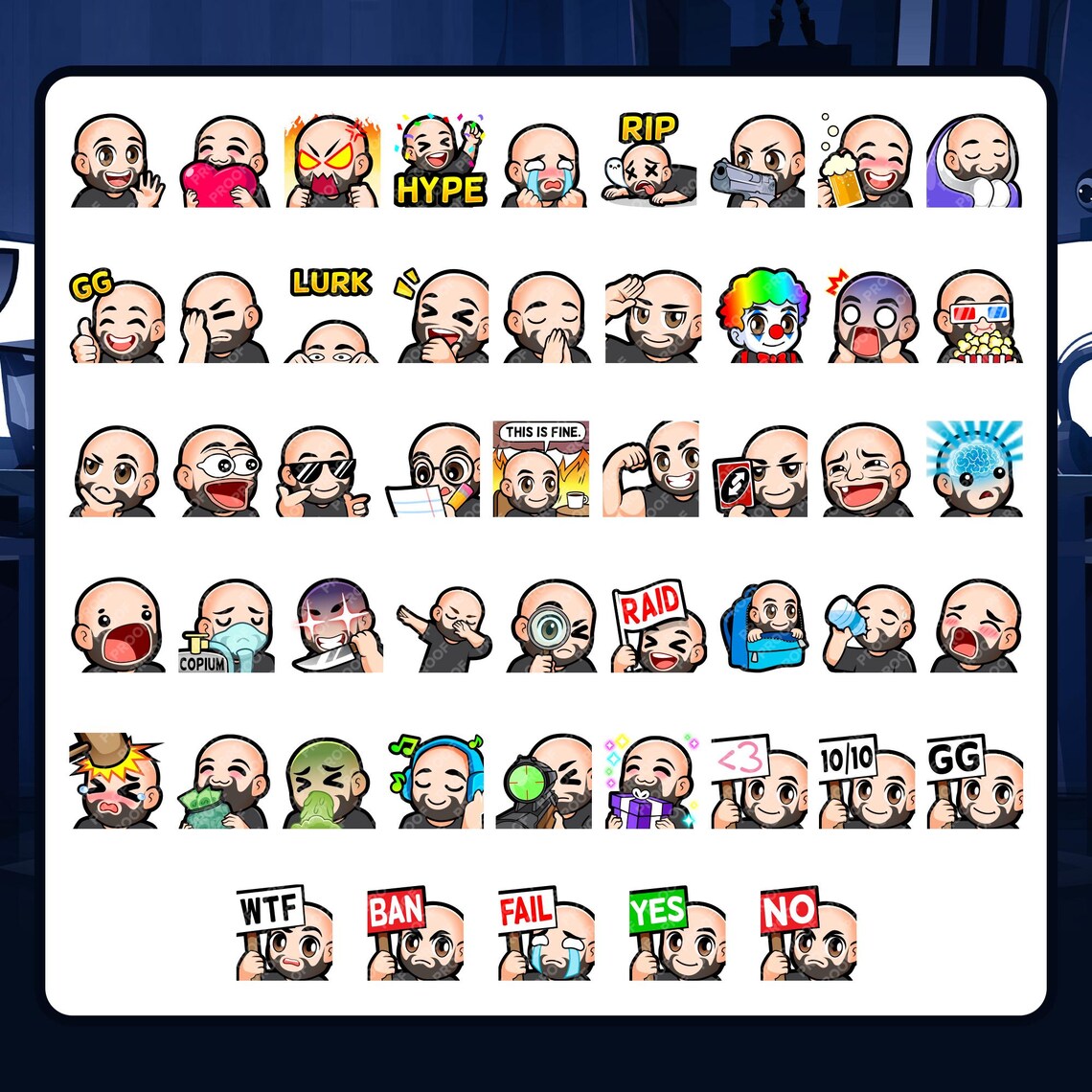 Bald Guy With Beard Twitch Emotes MEGA Bundle for Streaming, Youtube ...