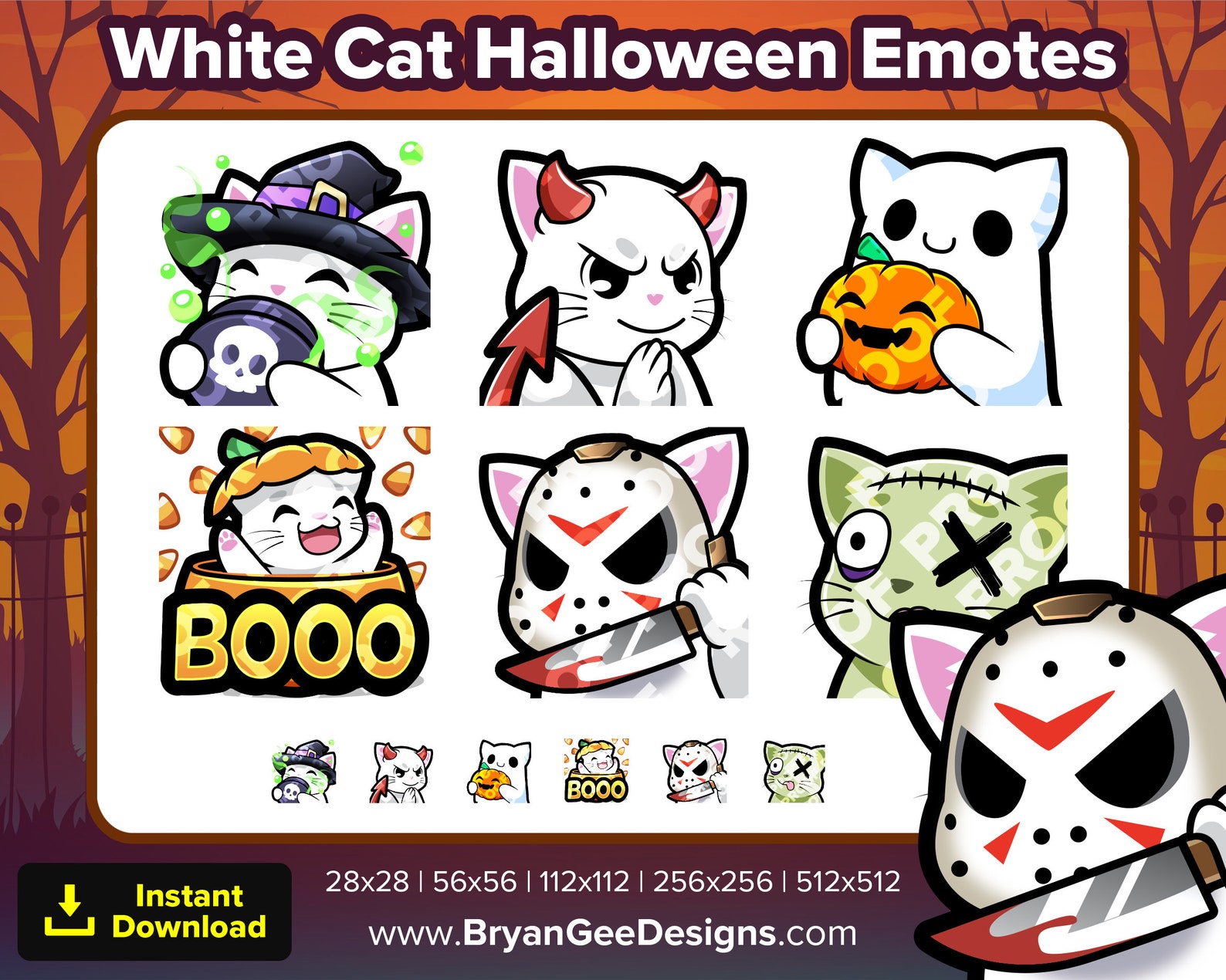 White Cat Emotes Spooky Sip Devil Ghost Pumpkin Boo Jason Knife Zombie ...