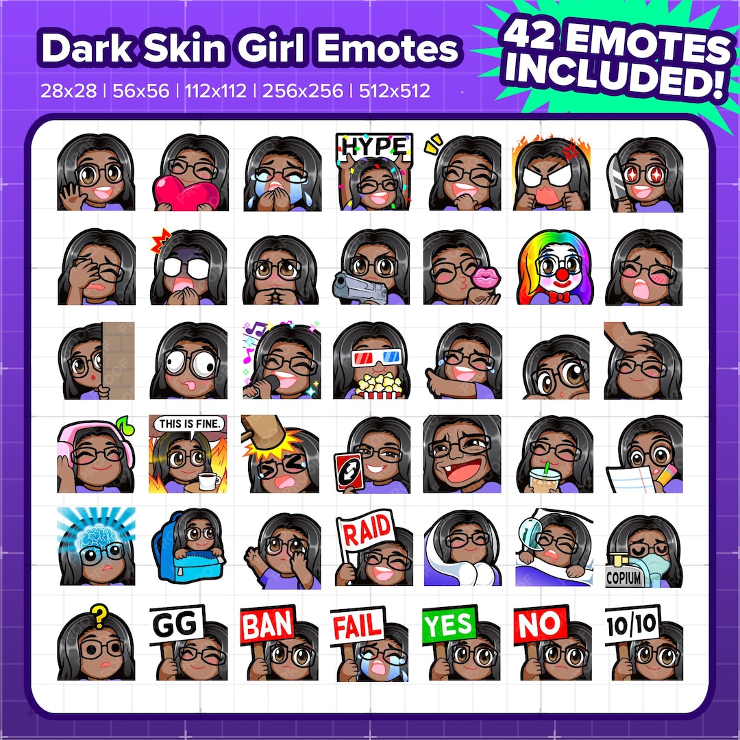 Dark Skin Girl With Glasses Twitch Emotes MEGA Bundle for Streaming ...
