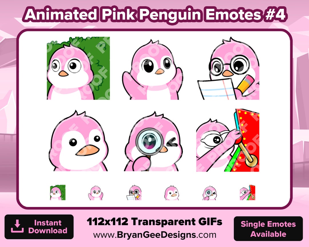 Animated Pink Penguin Twitch Emotes Hiding Bush, Clapping, Notes, POP ...