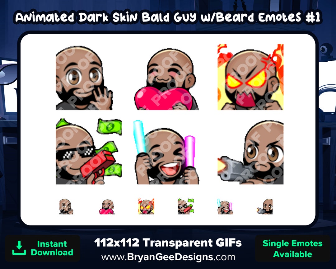 Animated Dark Skin Bald Guy With Beard Twitch Emotes Wave Love Rage ...