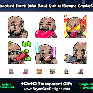 Animated Dark Skin Bald Guy With Beard Twitch Emotes Wave Love Rage ...