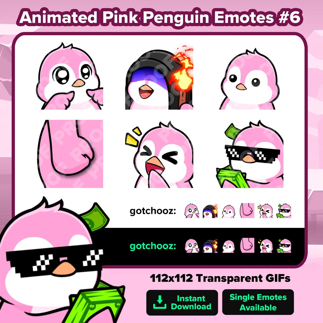 Pink Penguin Twitch Emotes – Animated Shy, Cult, Big Brain, Rage Fist ...