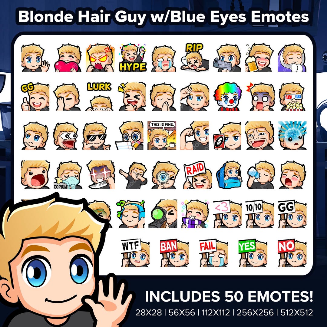 Blonde Hair Guy With Blue Eyes Twitch Emotes MEGA Bundle for Streaming ...