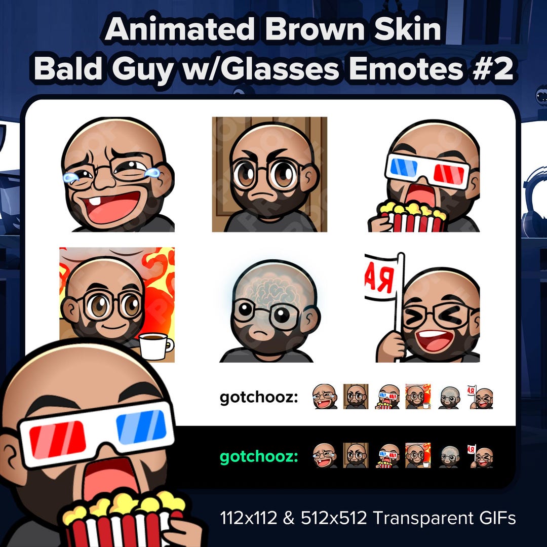 Animated Brown Skin Bald Guy With Beard & Glasses Emotes Pack #2 | Cute ...