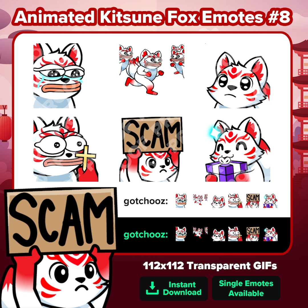 Animated Kitsune Fox Twitch Emotes Why, Scatter, Bonk, Cross, Scam ...