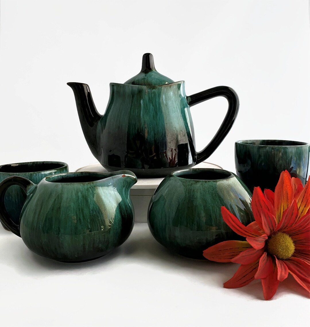 Blue Mountain Pottery Tea Set 6pc Hand Crafted Teapot, Creamer, Sugar ...