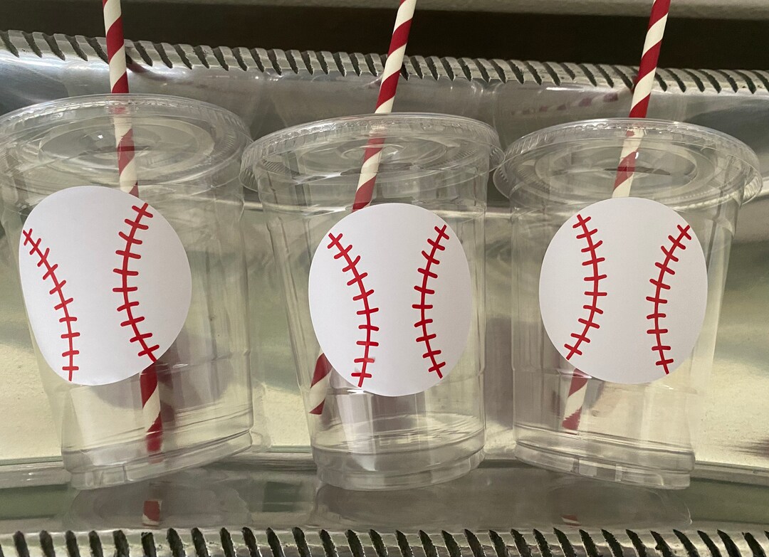 Baseball Party Cups 16oz Clear Plastic Cups With Lids and Straws ...