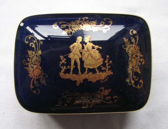 Vintage Limoges France Blue Porcelain Trinket Pot Box… - Gem