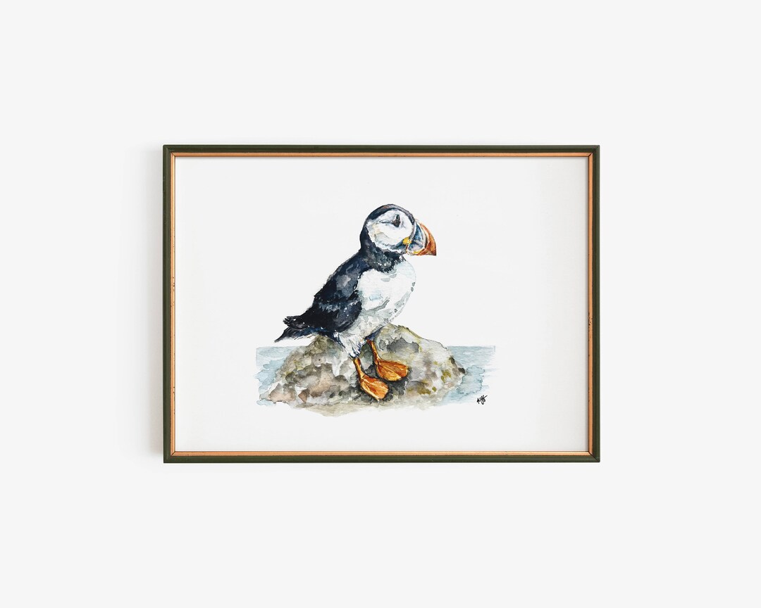 Puffin on Rock Watercolor Art Print | Simple Animal Painting for Baby ...