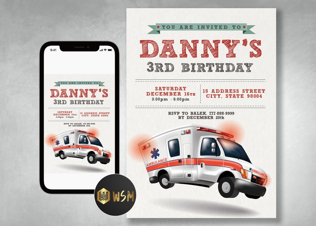Emergency Ambulance Printable Birthday Invitation, Red Ambulance Car ...