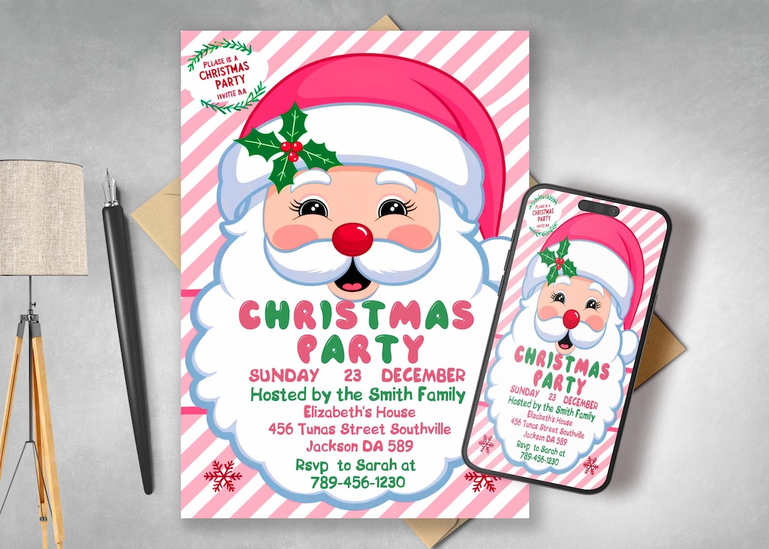 Santa Claus Christmas Party Invitation Template, Holiday Invite ...