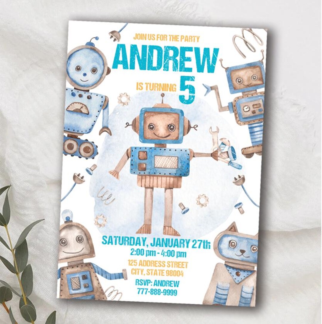 Editable Robots Birthday Invitation: Modern Printable Robot Party ...