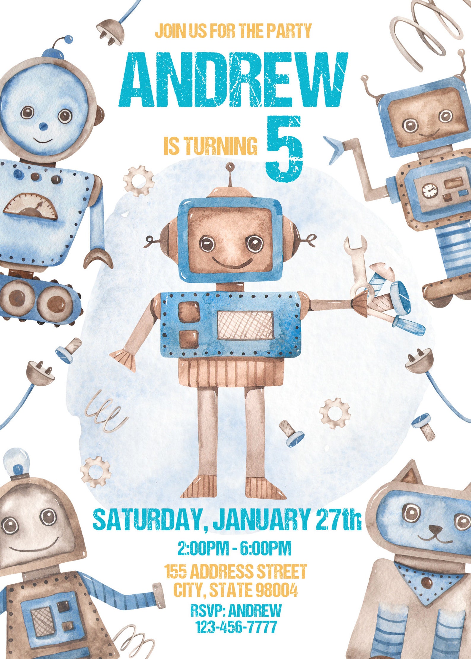 Editable Robots Birthday Invitation: Modern Printable Robot Party ...