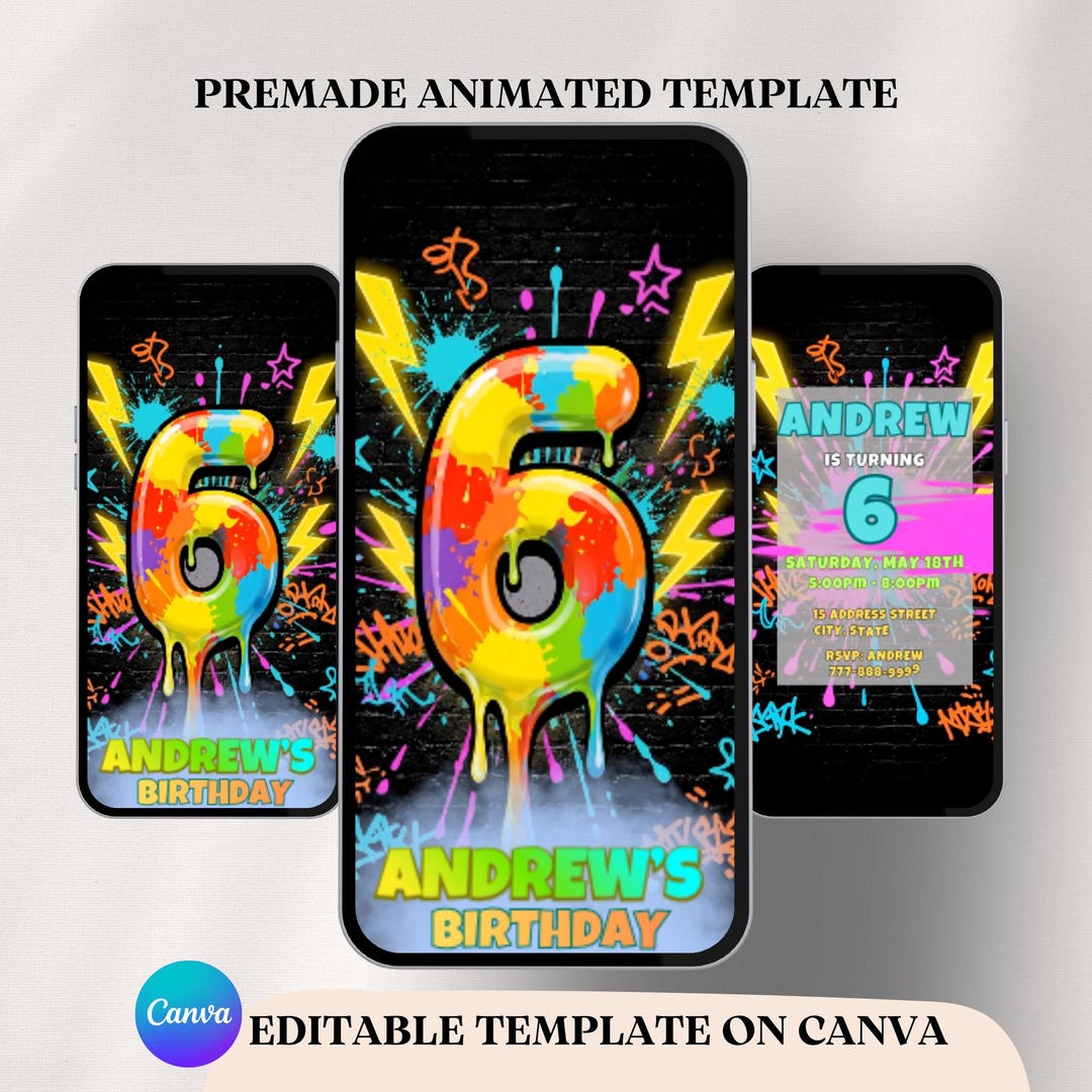 Graffiti Birthday Video Invitation, Animated 6th Neon Hip Hop Party ...