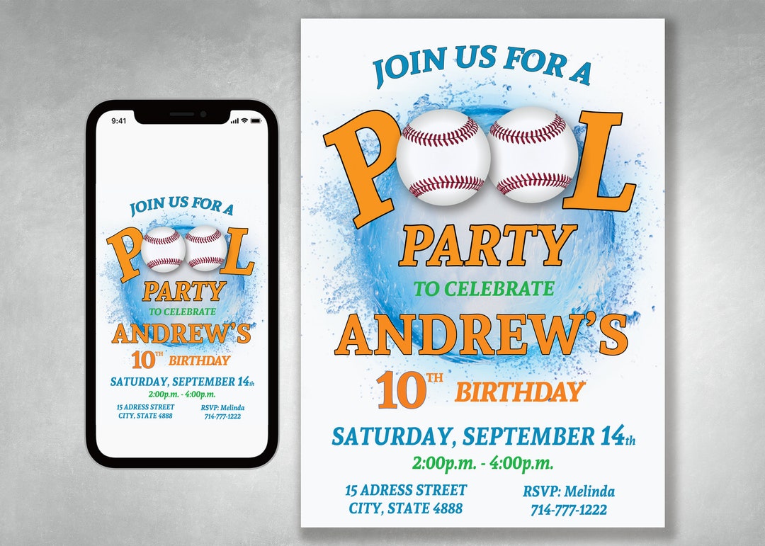 Baseball Pool Party Invitation, Baseball Birthday Invitation, Baseball ...