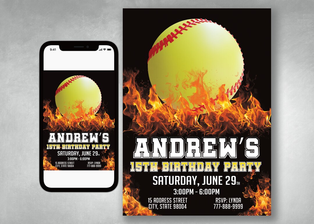 Softball Invitation, Fire Softball Birthday Invite, Editable Softball ...