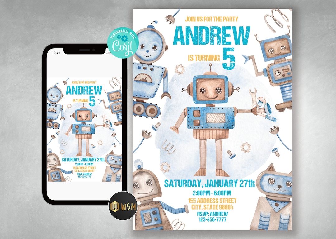 EDITABLE Robots Birthday Invitation, Robots, Robot Party Invitation ...