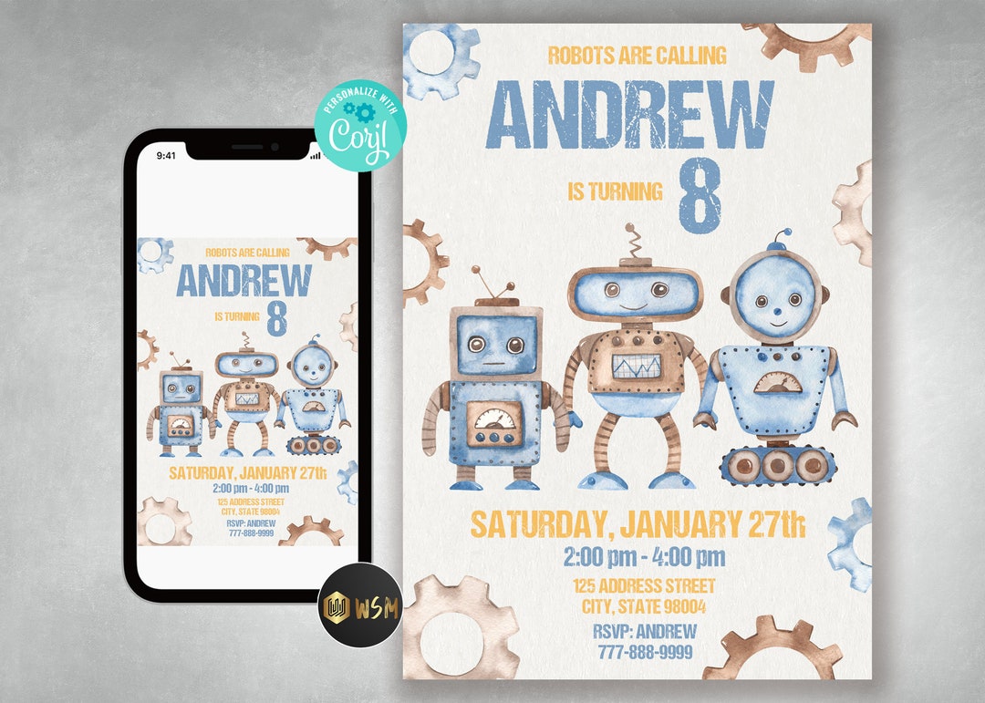EDITABLE Robot Birthday Invitation, Robots, Robot Party Invitation ...