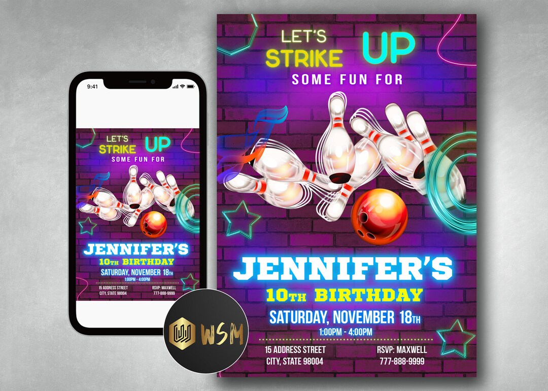 Bowling Neon Birthday Invitation, Bowling Printable Invite, Bowling ...