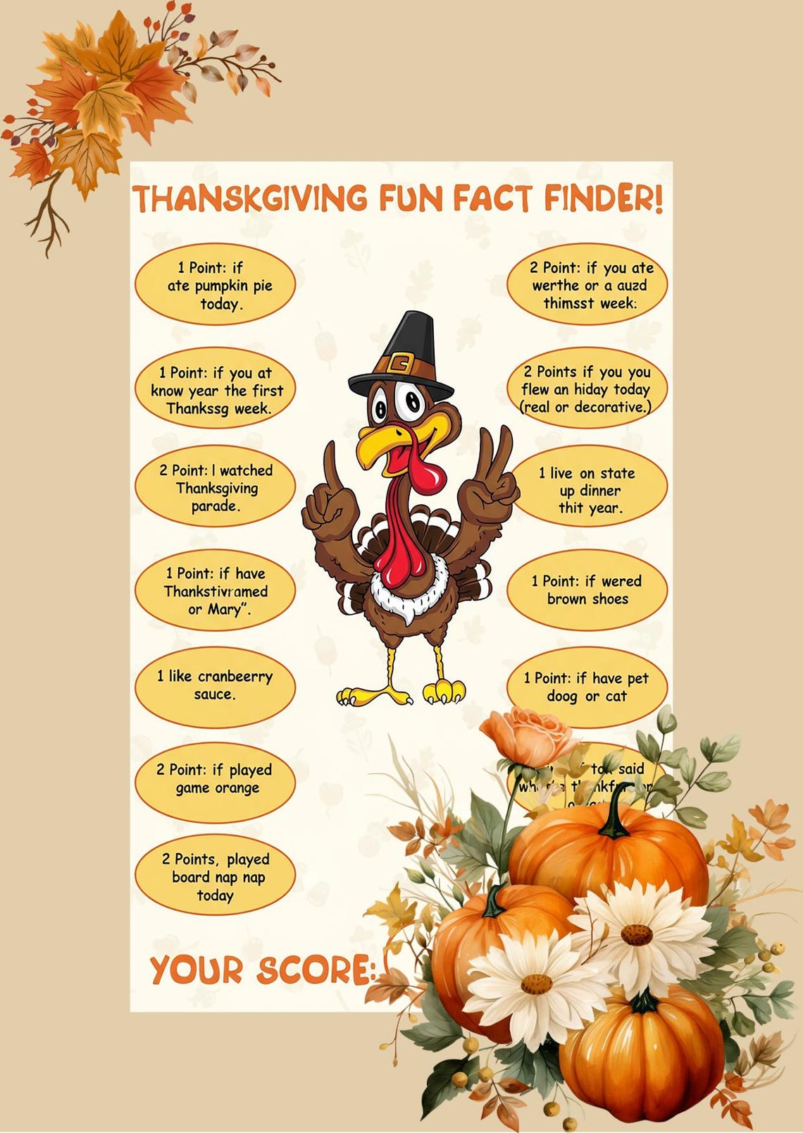 Thanksgiving Turkey Game: 'who is Most Like a Turkey' Printable (PDF ...