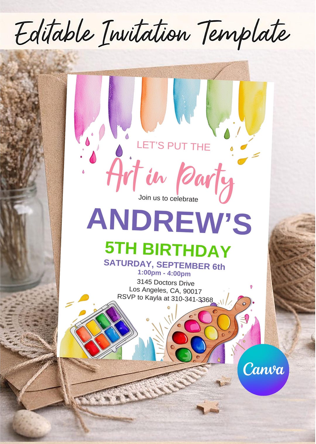 Art Party Birthday Invitation, Kids Painting Party Invite (canva ...