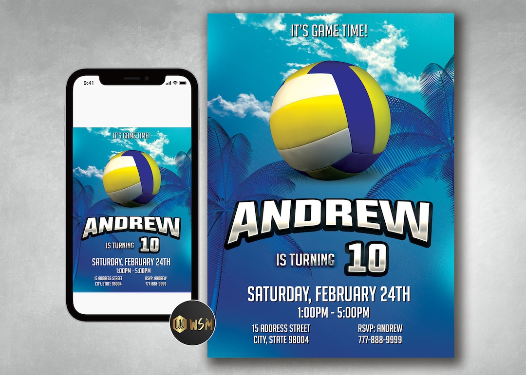 Volleyball Birthday Printable Invitation, Volleyball Beach, Volleyball ...
