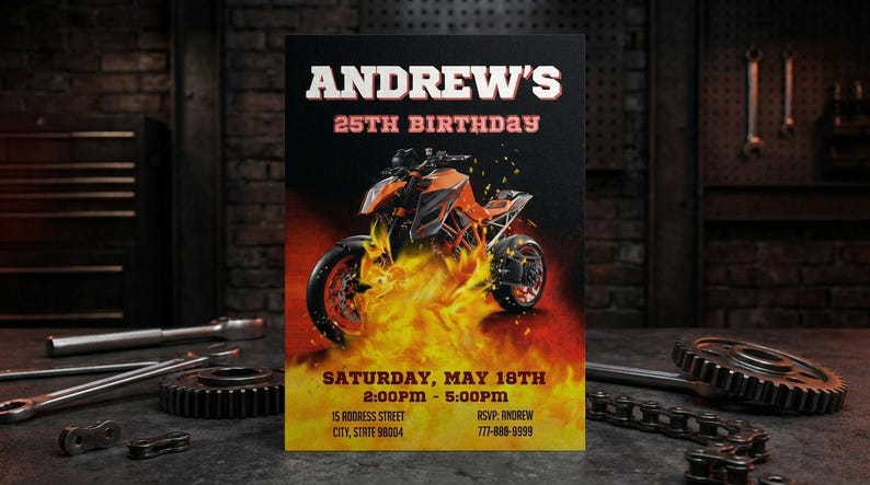 Motocross Birthday Invitation: Fire Motorcycle, Any Age (digital File ...