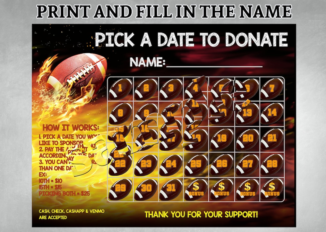Football Calendar Fundraiser Pick a Date to Donate Printable - Etsy
