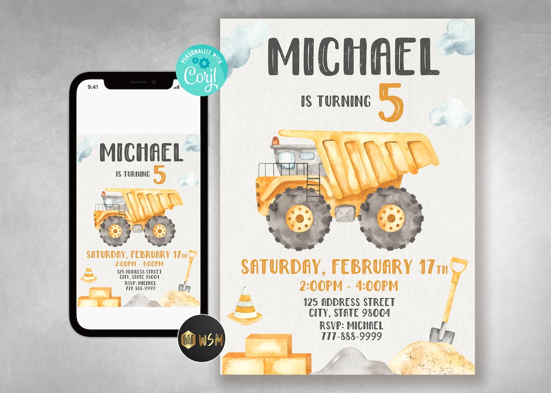 EDITABLE Construction Birthday Invitation, Builder Invitation, Dump ...