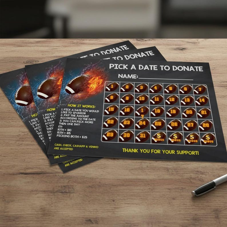Editable Football Fundraiser Calendar, Pick a Date to Donate, Sport ...