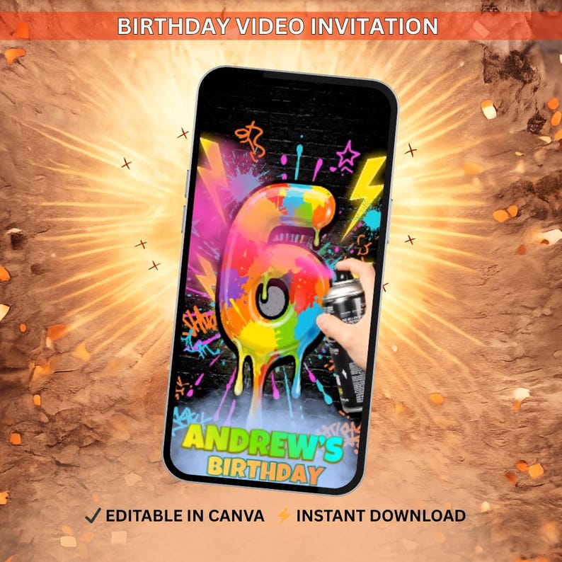Graffiti Birthday Video Invitation, Animated 6th Neon Hip Hop Party ...
