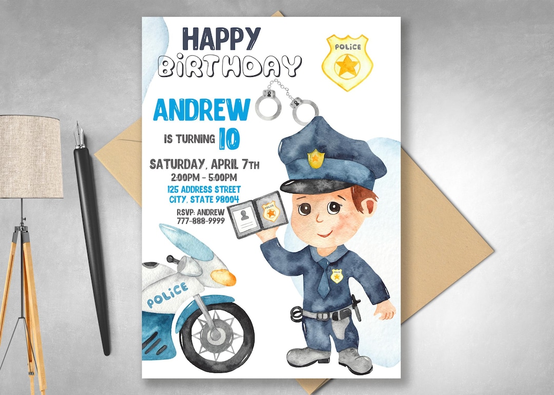 Police Birthday Invitation: Watercolor Cop Theme (digital Download) - Etsy