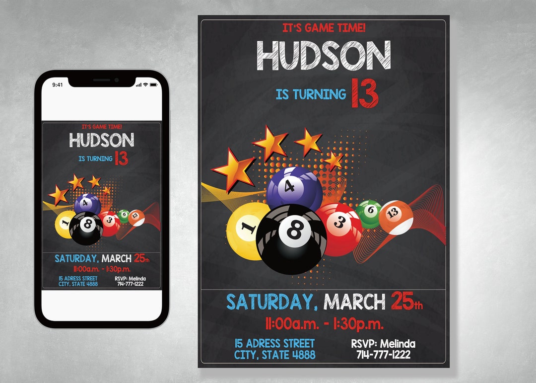 Billiard Invitation, Billiard Birthday Invitations, Billiard Birthday ...