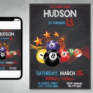 Billiard Invitation, Billiard Birthday Invitations, Billiard Birthday ...