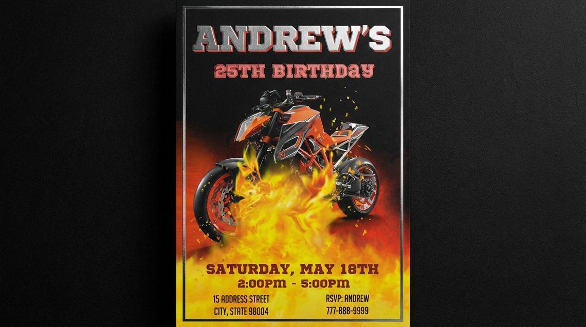Motocross Birthday Invitation: Fire Motorcycle, Any Age (digital File ...