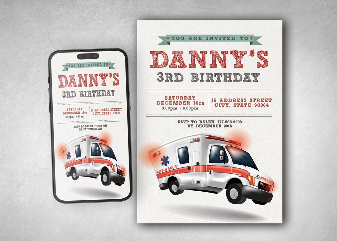 Ambulance Birthday Invitation: Editable Emergency Rescue Party Invite ...