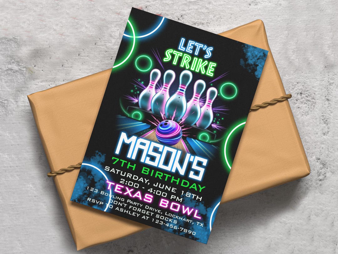 Neon Bowling Birthday Invitation: Printable Party Invite (digital ...
