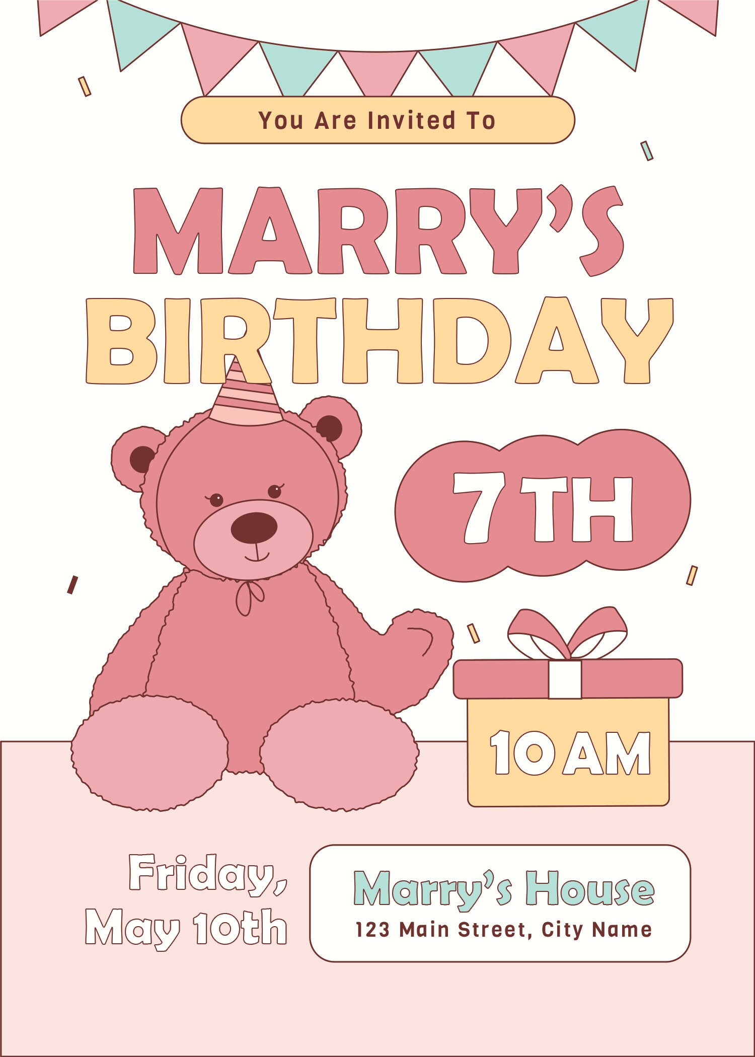 Bear Birthday Invitation, Little Girl Birthday Party Invite, Baby ...