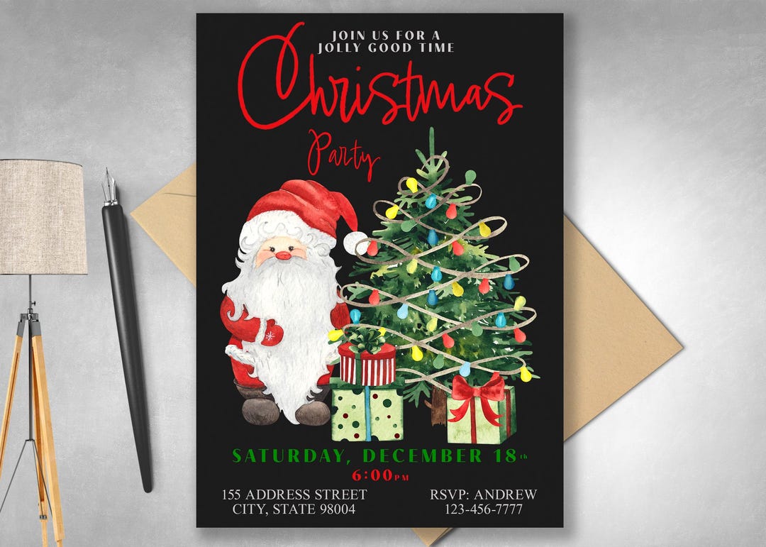Christmas Tree Party Invitation, Santa Claus Party Card Invitation ...
