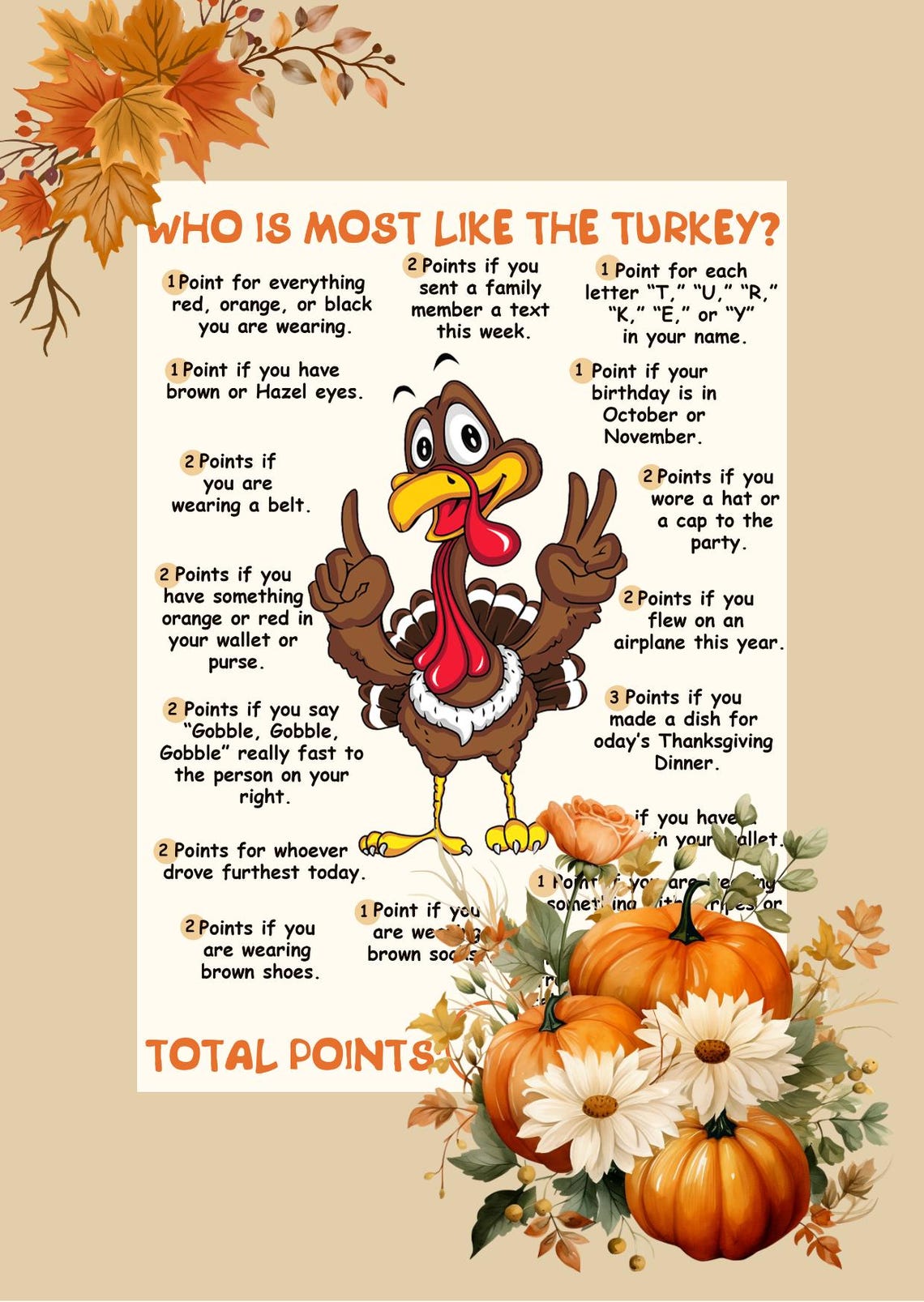 Thanksgiving Turkey Game: 'who is Most Like a Turkey' Printable (PDF ...