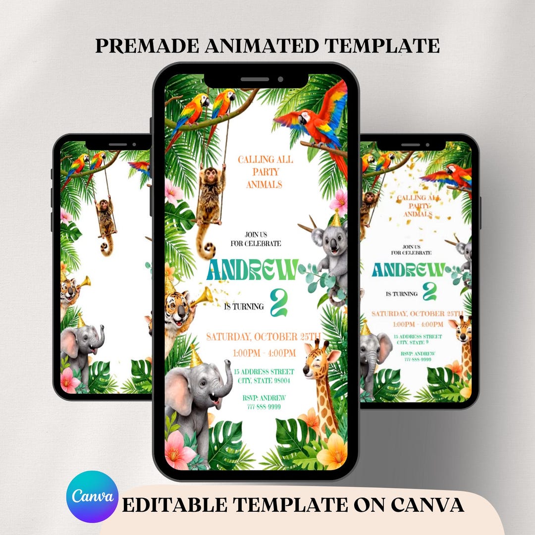 Safari Video Invitation, Editable Jungle Animals Birthday Party Invite ...