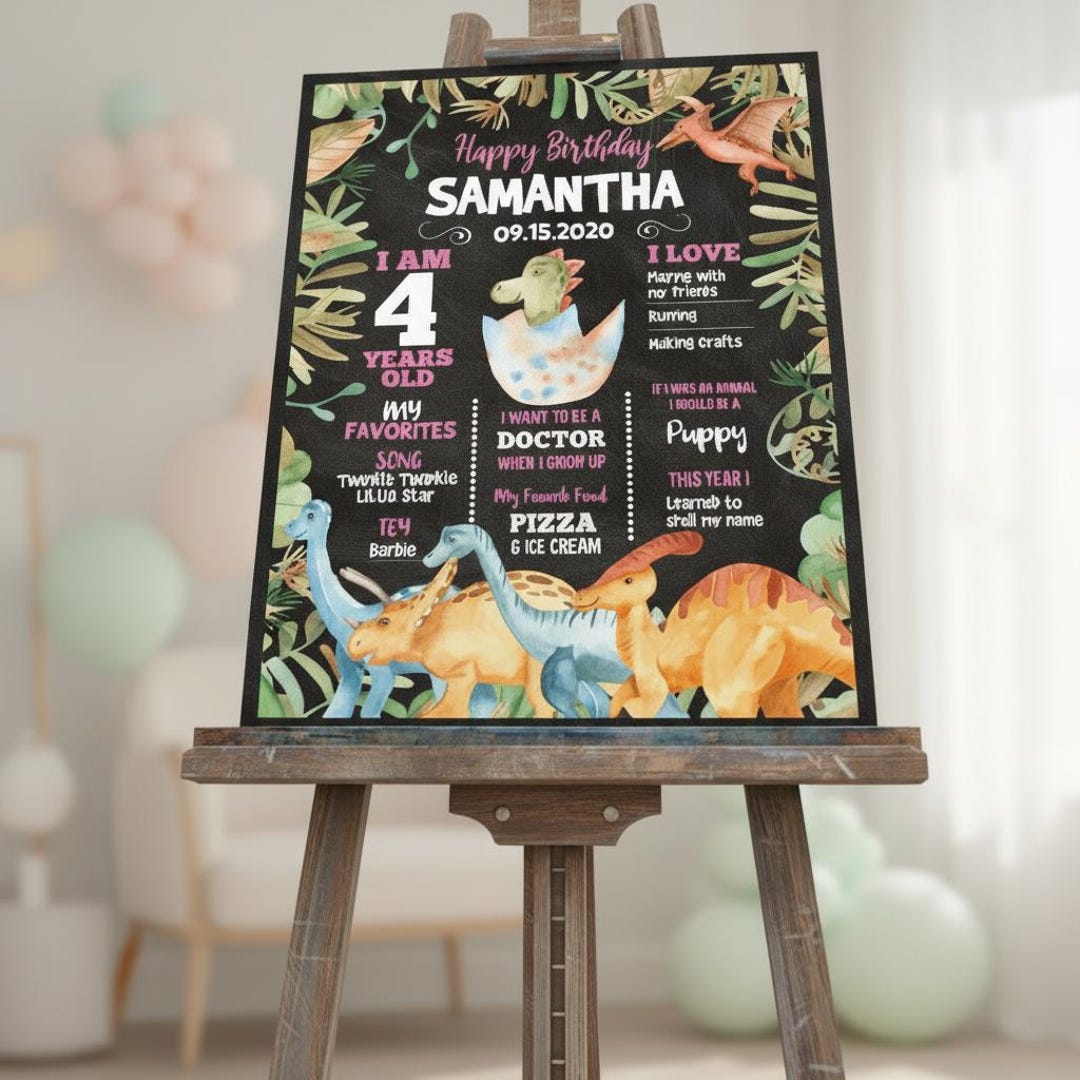 Dinosaur Birthday Chalkboard Poster: Personalized Stats, Any Age ...