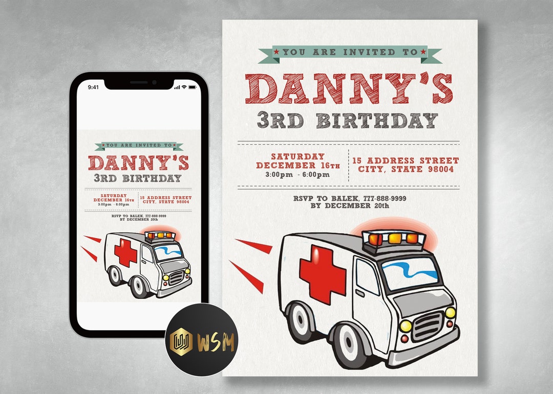 Emergency Ambulance Printable Birthday Invitation, Red Ambulance Car ...