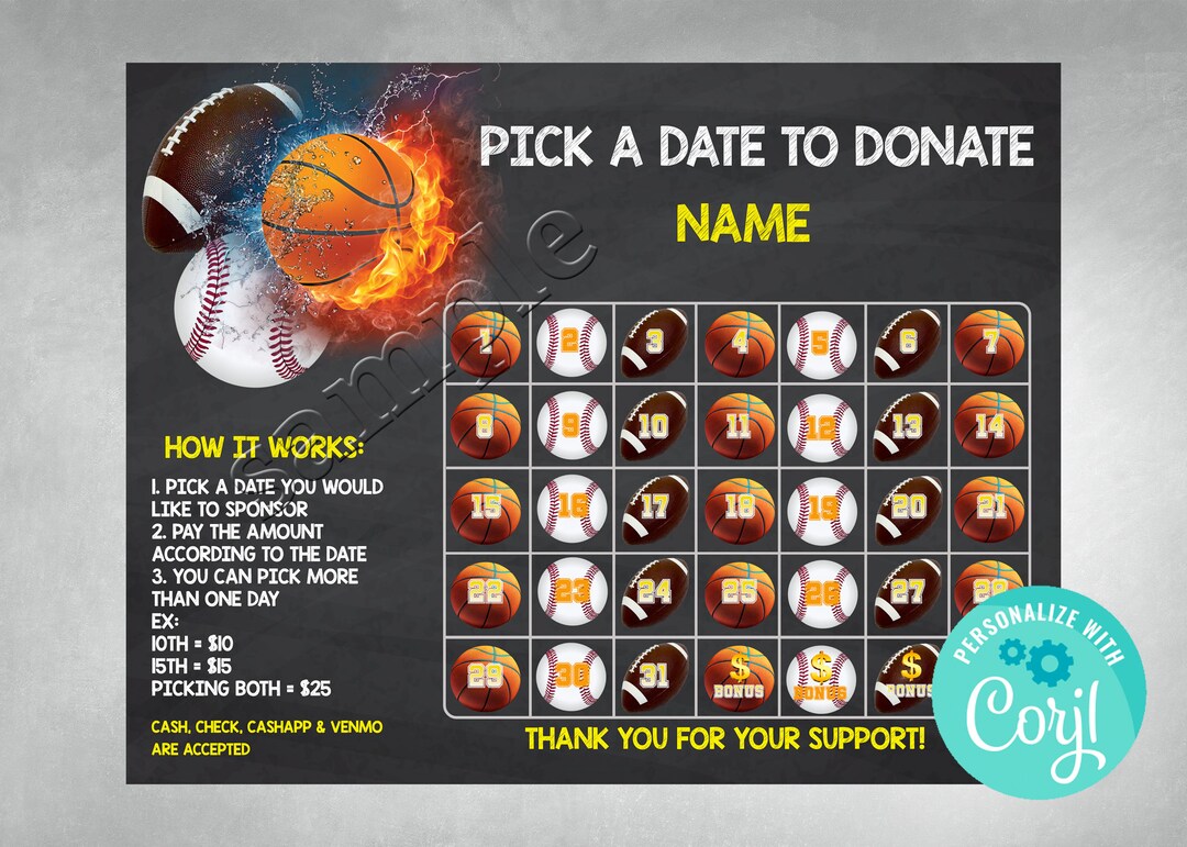 Sports Calendar Fundraiser, Pick a Date to Donate Printable, Baseball ...